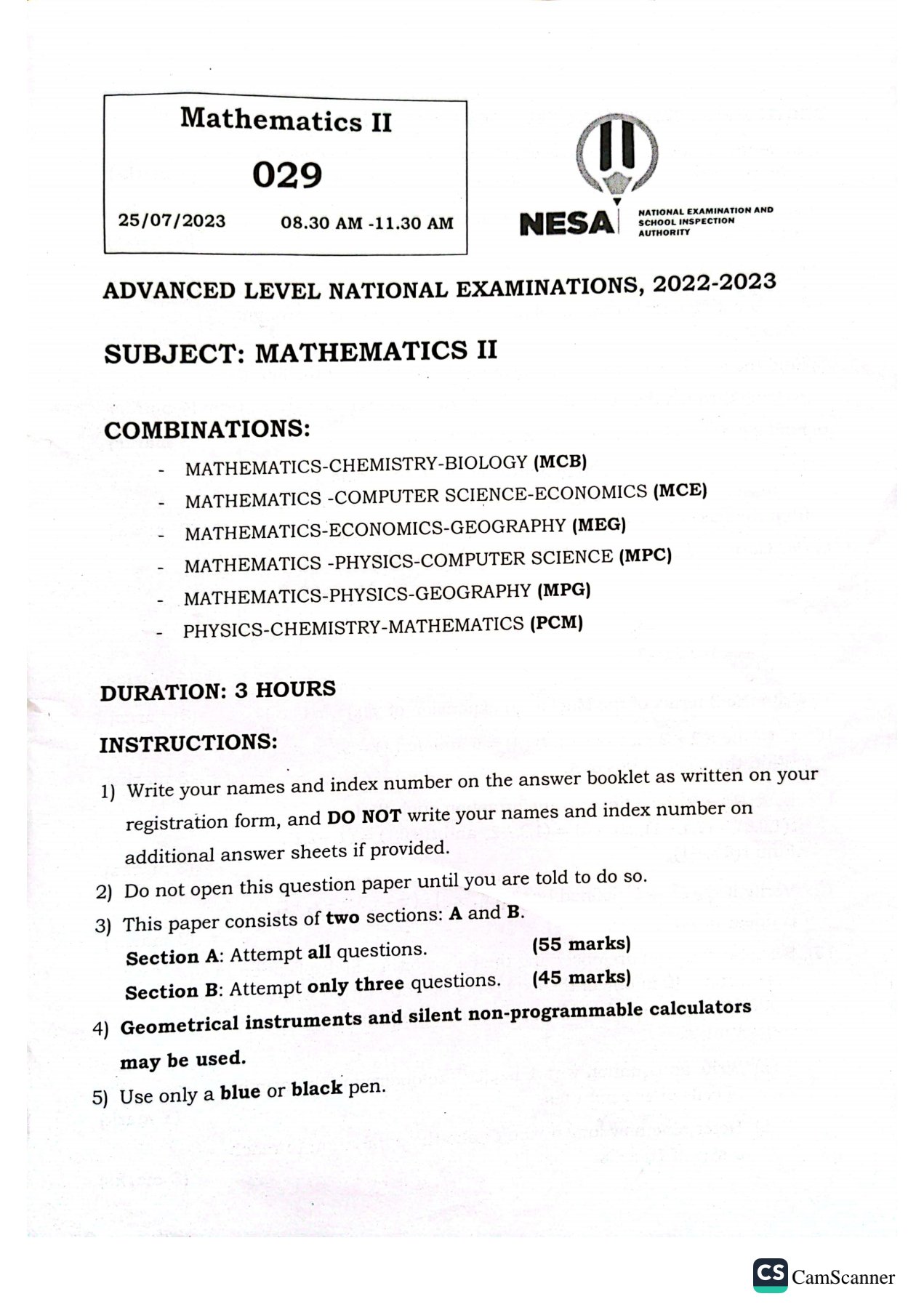 NESA S6 MATHEMATICS NATIONAL EXAMINATION PAST PAPER 2023 - NEWS WITHIN