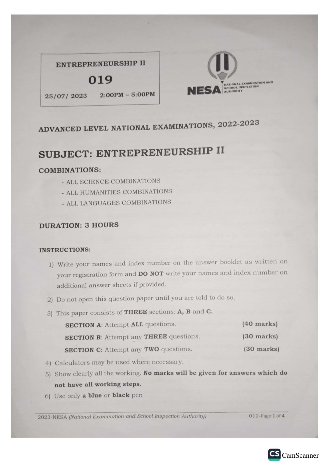 NESA S6 ENTREPRENEURSHIP NATIONAL EXAMINATION PAST PAPERS 2023. - NEWS ...