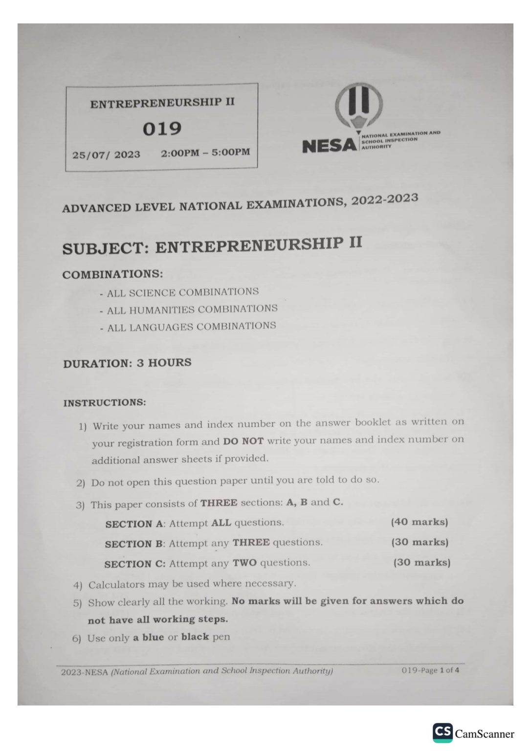 NESA S6 ENTREPRENEURSHIP NATIONAL EXAMINATION PAST PAPERS 2023. - NEWS ...