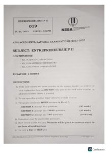 NESA S6 ENTREPRENEURSHIP NATIONAL EXAMINATION PAST PAPERS 2023. - NEWS ...