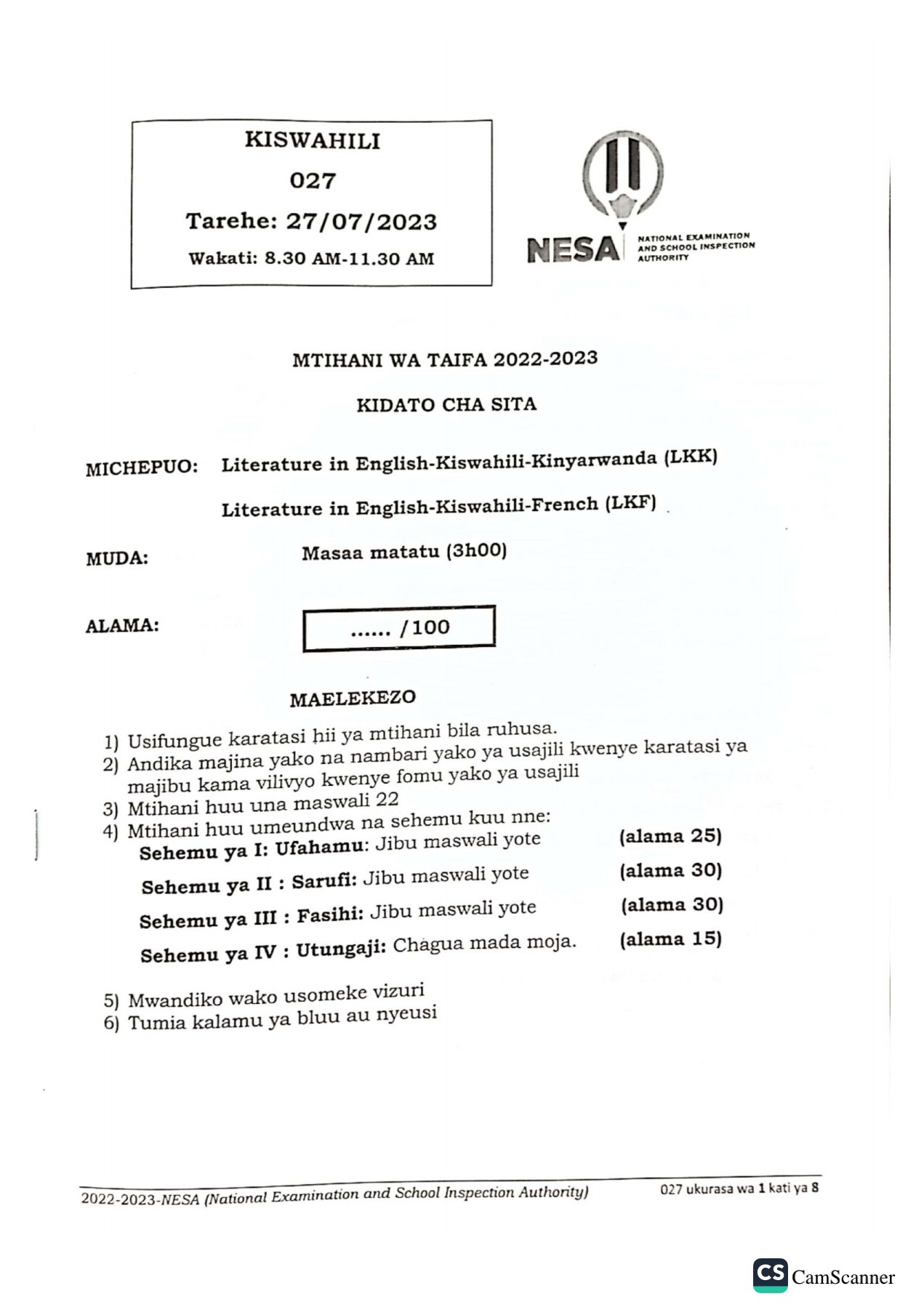 NESA S6 KISWAHILI NATIONAL EXAMINATION PAST PAPERS 2023. - NEWS WITHIN
