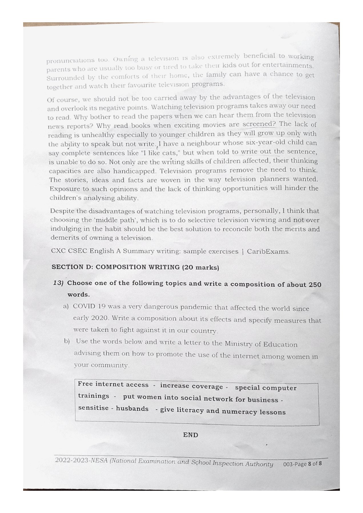 NESA S3 ENGLISH NATIONAL EXAMINATIONS PAST PAPERS 2023. - NEWS WITHIN