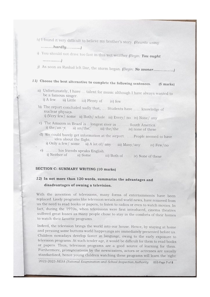 NESA S3 ENGLISH NATIONAL EXAMINATIONS PAST PAPERS 2023. - NEWS WITHIN