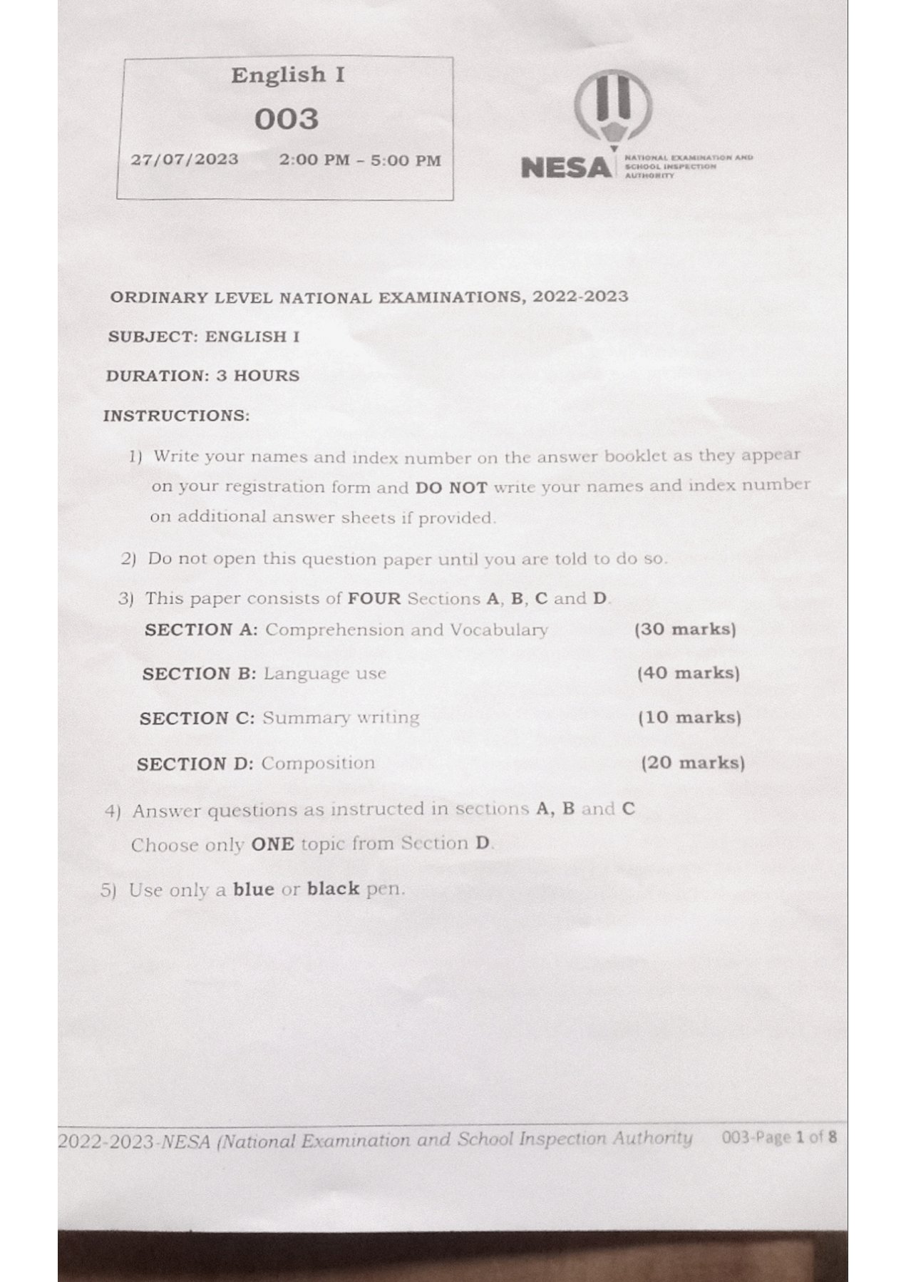 NESA S3 ENGLISH NATIONAL EXAMINATIONS PAST PAPERS 2023. - NEWS WITHIN