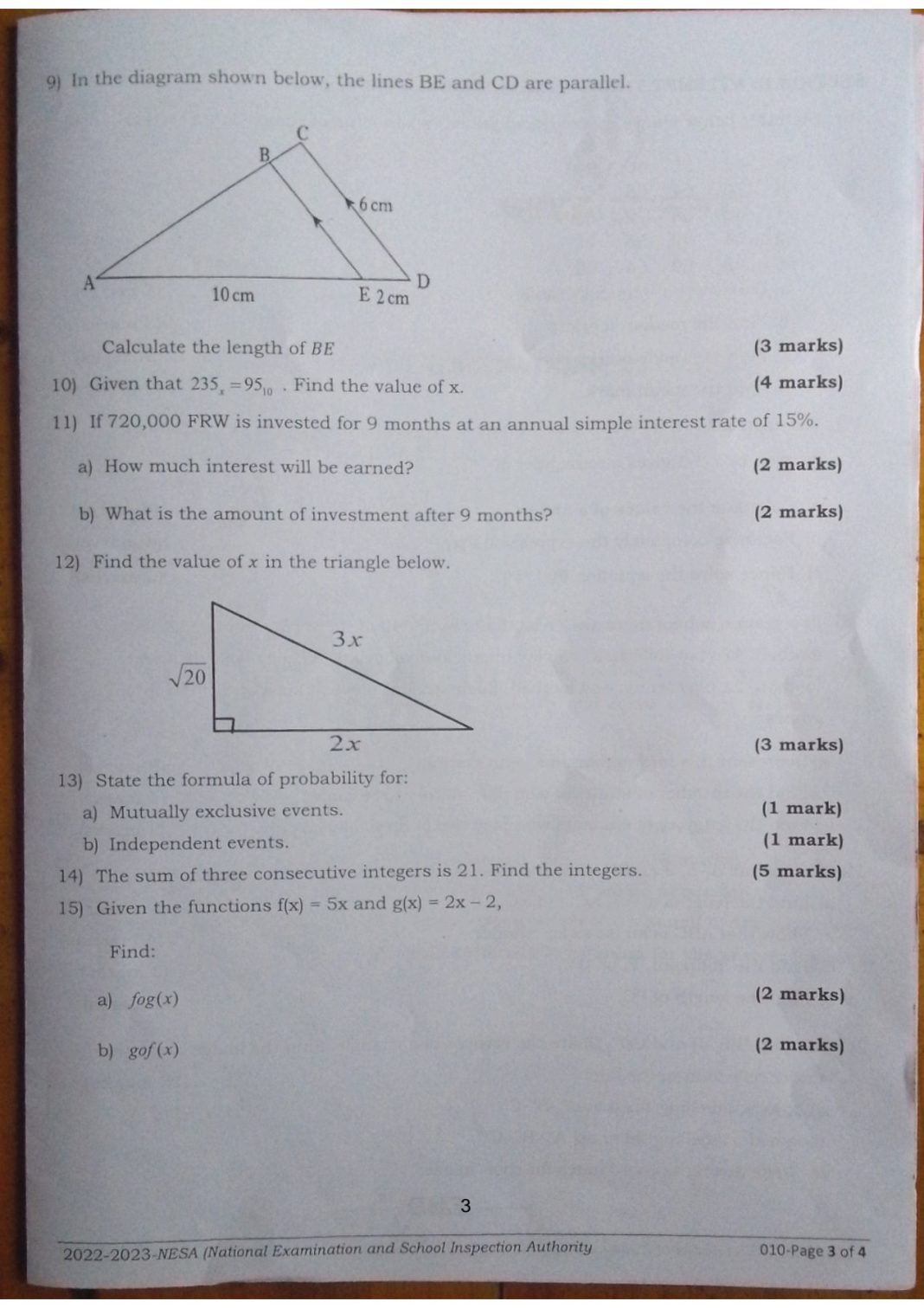 NESA S3 MATHEMATICS NATIONAL EXAMINATION PAST PAPER 2023 - NEWS WITHIN