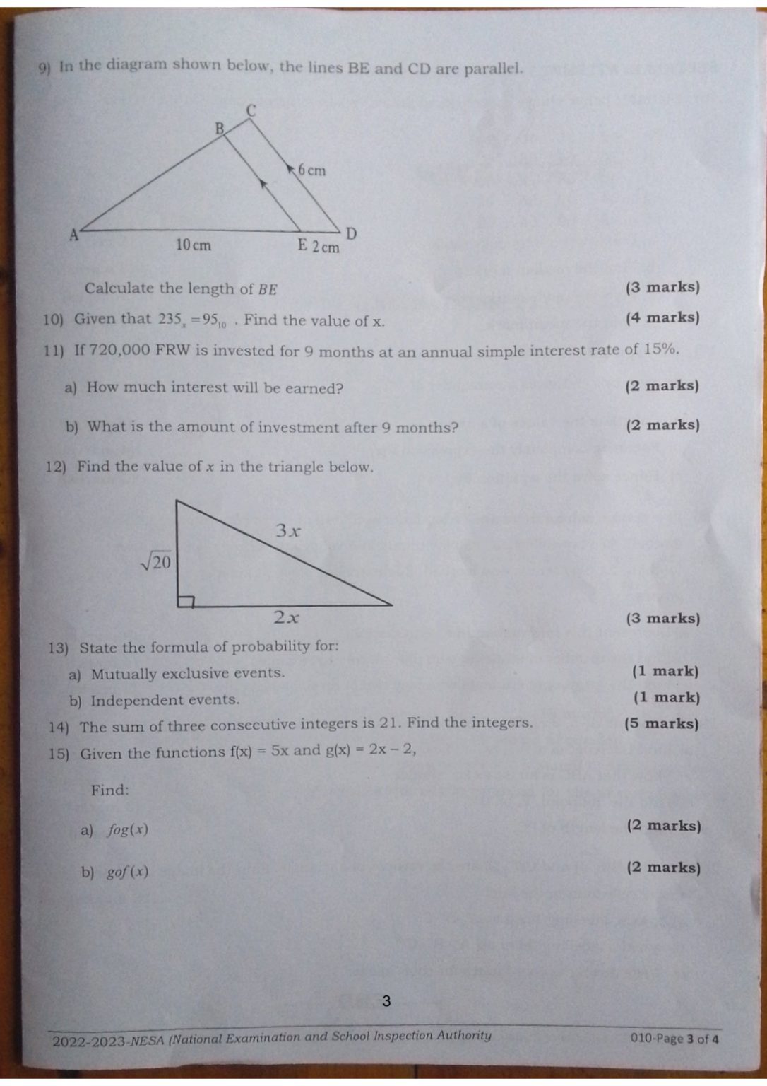 NESA S3 MATHEMATICS NATIONAL EXAMINATION PAST PAPER 2023 - NEWS WITHIN