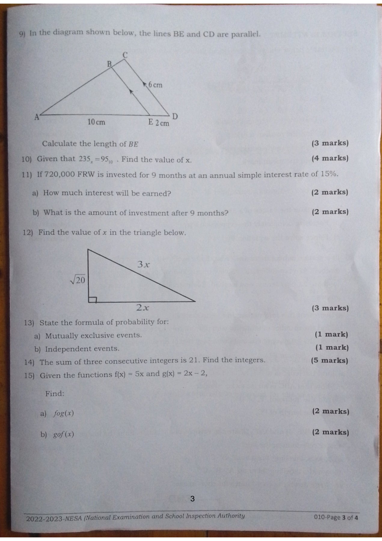 NESA S3 MATHEMATICS NATIONAL EXAMINATION PAST PAPER 2023 - NEWS WITHIN