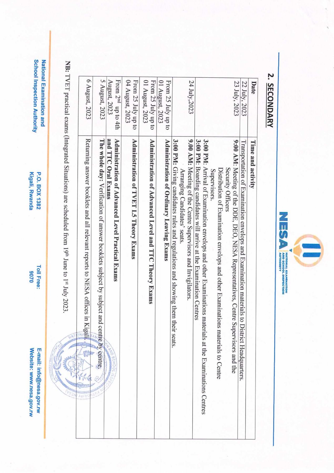 NESA SCHEDULE OF ACTIVITIES NATIONAL EXAMINATIONS ADMINISTRATION 2022 ...