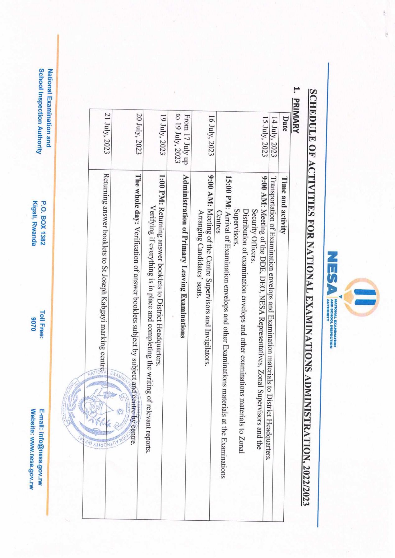 NESA SCHEDULE OF ACTIVITIES NATIONAL EXAMINATIONS ADMINISTRATION 2022 ...