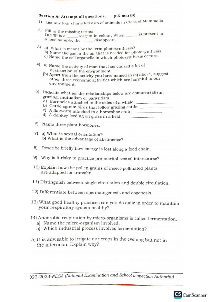 NESA S3 BIOLOGY AND HEALTH SCIENCES NATIONAL EXAMINATION PAST PAPERS ...