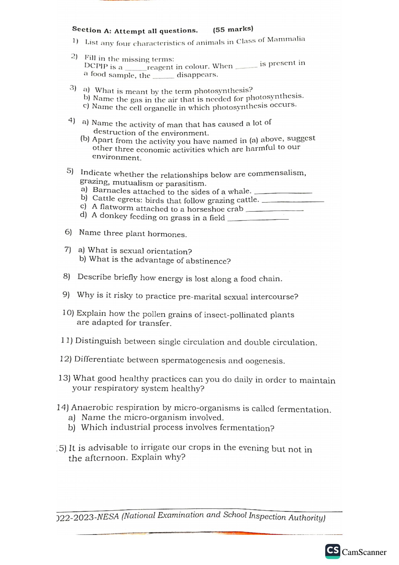 NESA S3 BIOLOGY AND HEALTH SCIENCES NATIONAL EXAMINATION PAST PAPERS ...