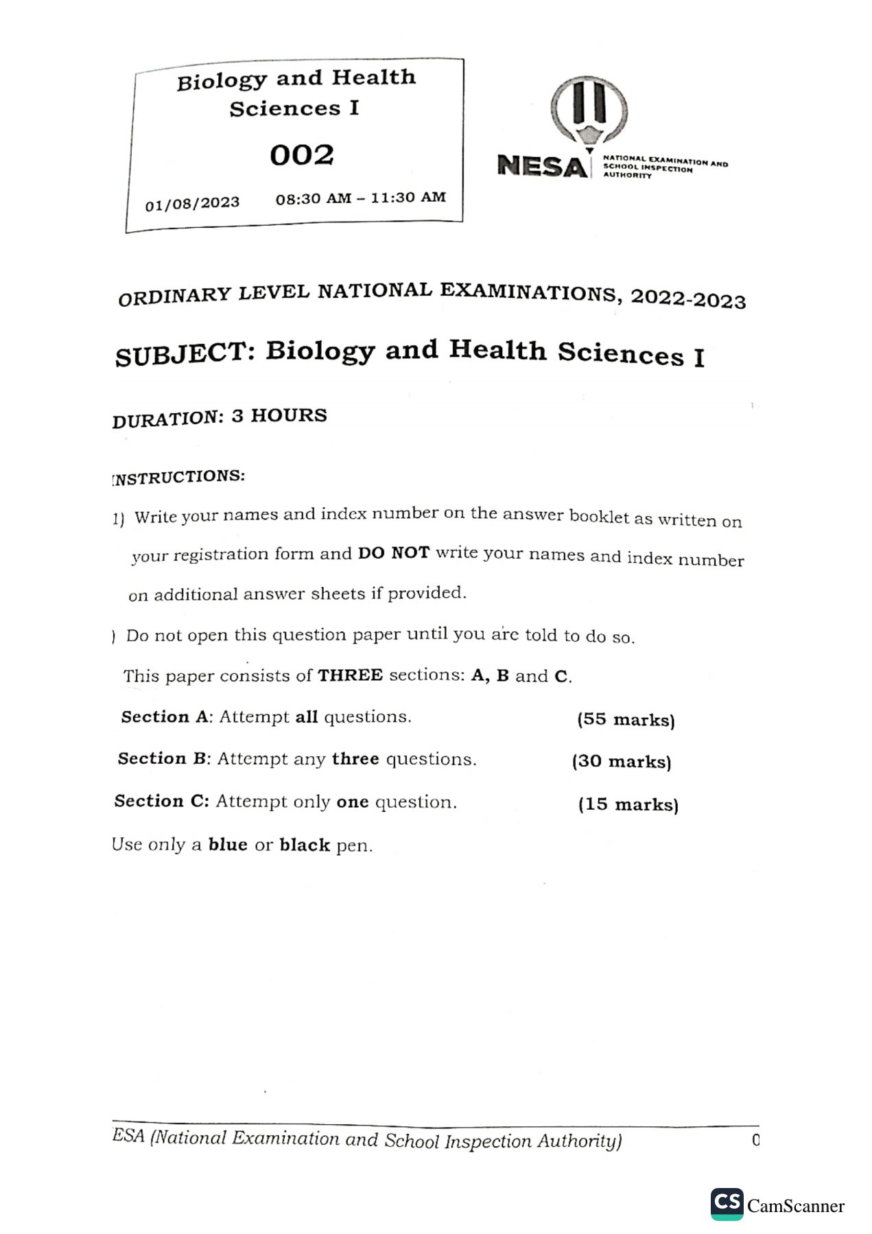 NESA S3 BIOLOGY AND HEALTH SCIENCES NATIONAL EXAMINATION PAST PAPERS ...