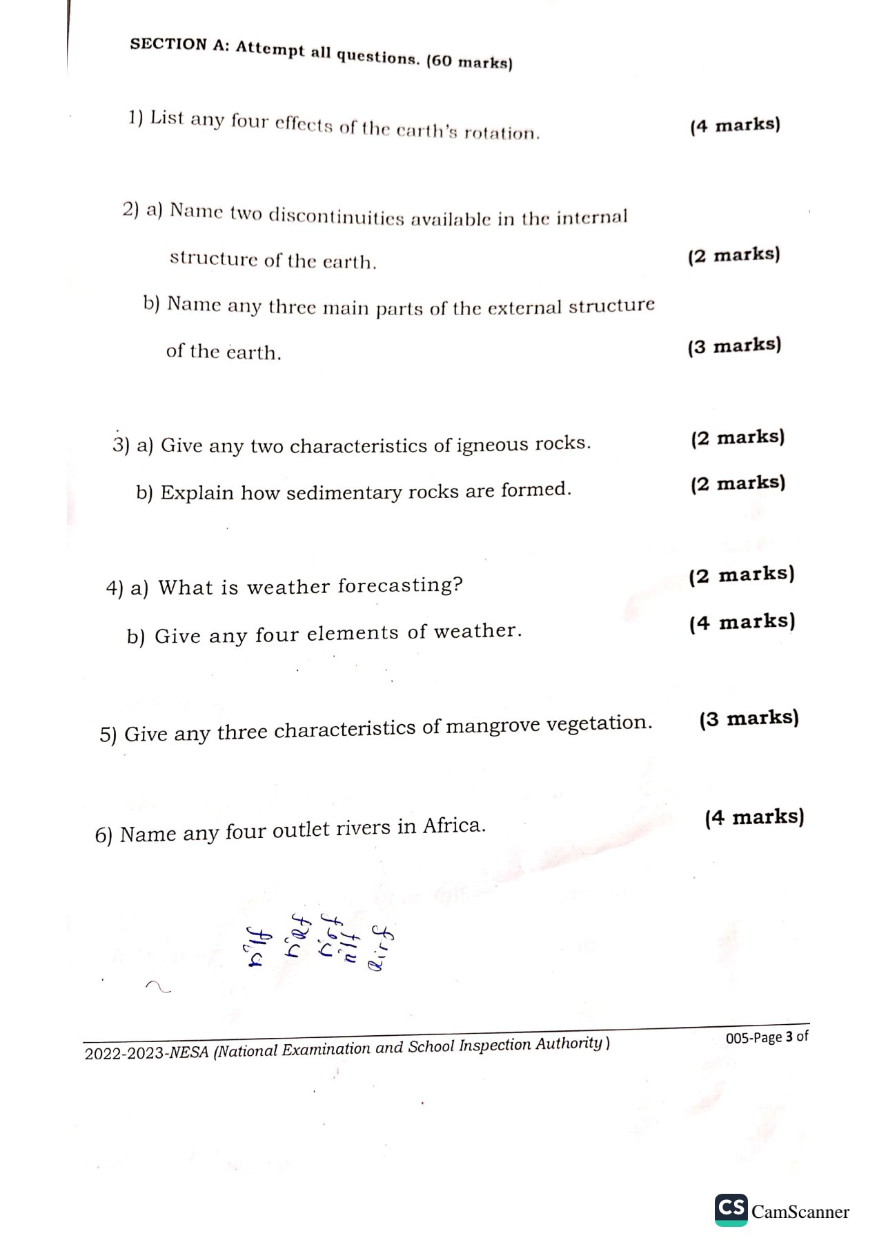 NESA S3 GEOGRAPHY AND ENVIRONMENT (PHYSICAL) NATIONAL EXAMINATION PAST ...
