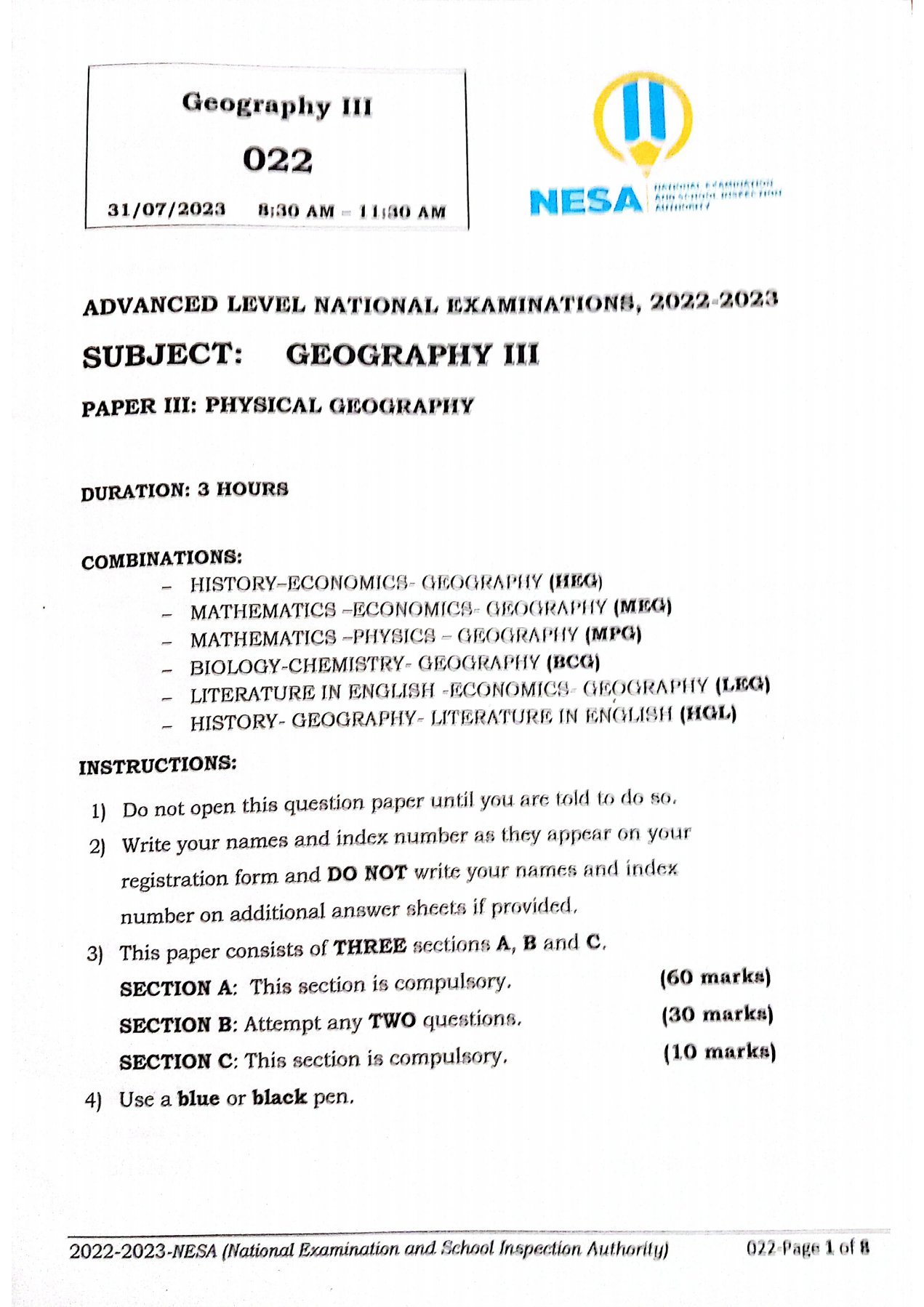 NESA S6 GEOGRAPHY (PHYSICAL) NATIONAL EXAMINATION PAST PAPERS 2023 ...