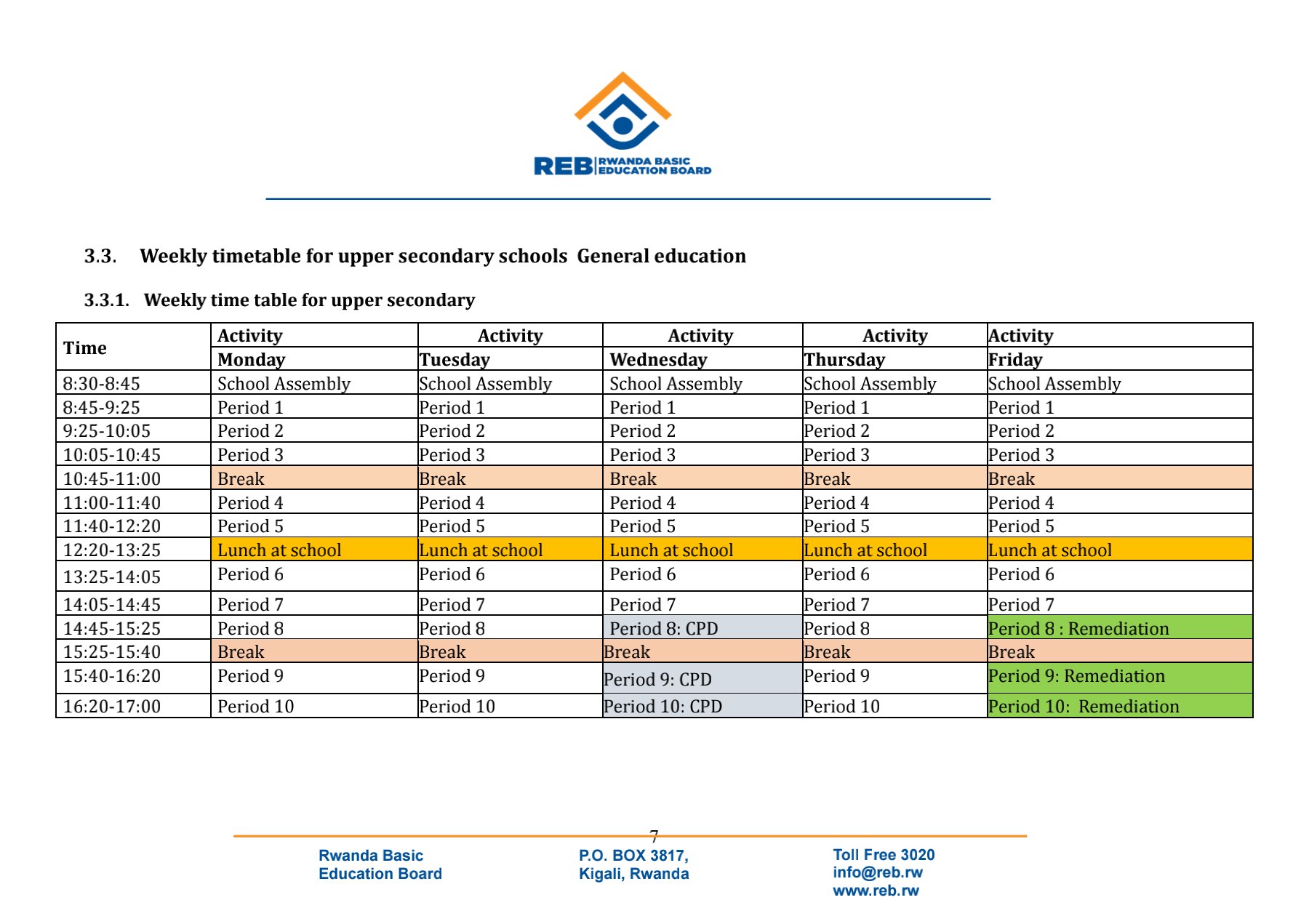 REB PUBLISHED WEEKLY TIMETABLE AND NUMBER OF PERIOD FOR EACH SUBJECT ...