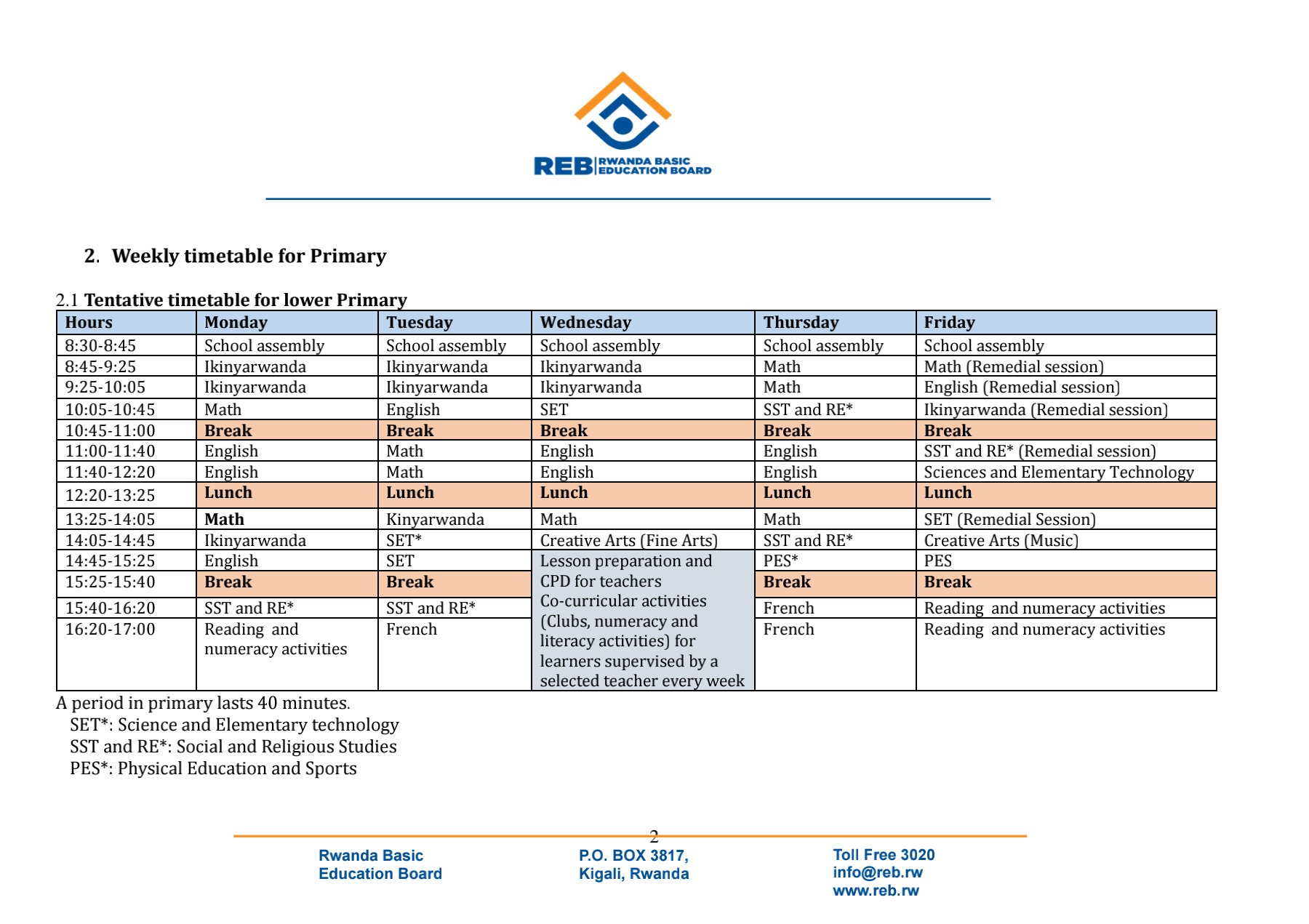 REB PUBLISHED WEEKLY TIMETABLE FOR ACADEMIC YEAR 2023-2024 LOWER ...
