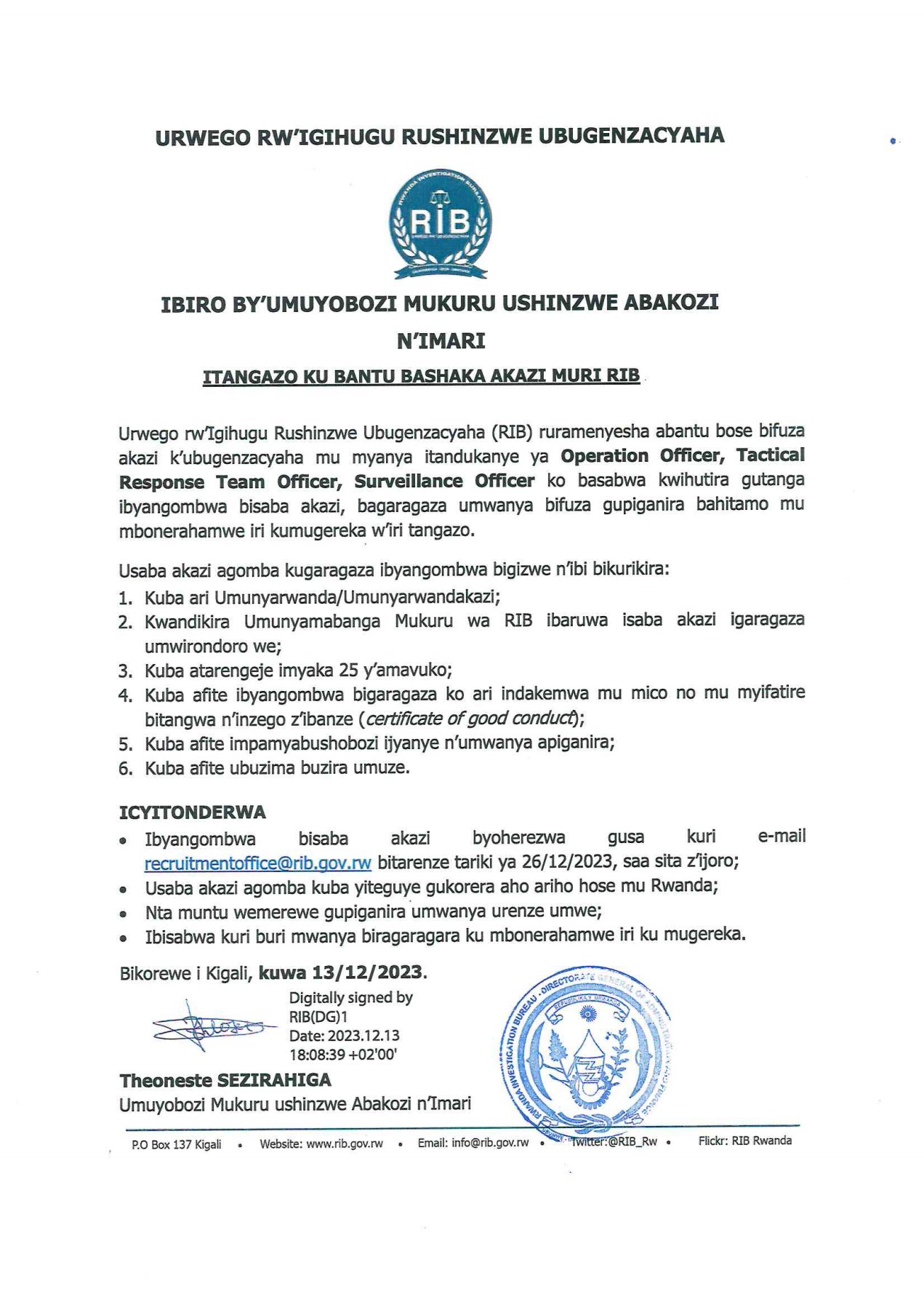 RIB MANY JOB OPPORTUNITIES AT RWANDA INVESTIGATION BUREAU (RIB ...