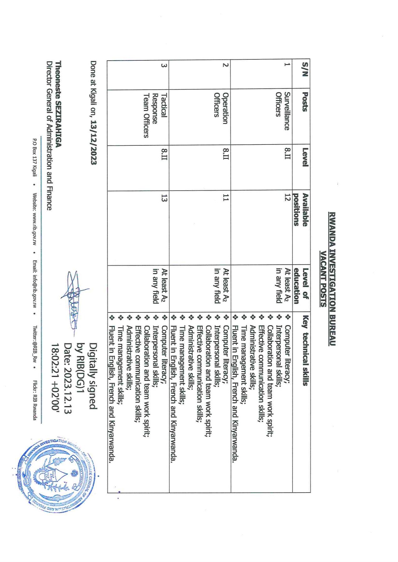 RIB MANY JOB OPPORTUNITIES AT RWANDA INVESTIGATION BUREAU (RIB ...