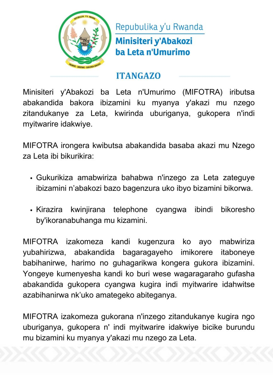 Itangazo ry'a Minisiteri y'Abakozi ba Leta n'Umurimo rigenewe abakandida bitabira ibizamini by ...