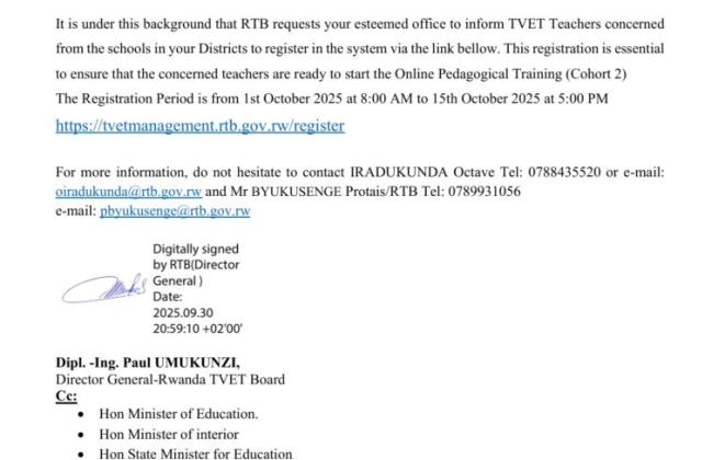 Rwanda TVET Board Announces Registration for Pedagogical Training of ...