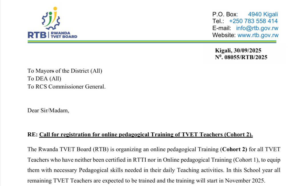 Rwanda TVET Board Announces Registration for Pedagogical Training of ...