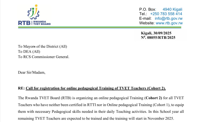 Rwanda TVET Board Announces Registration for Pedagogical Training of ...